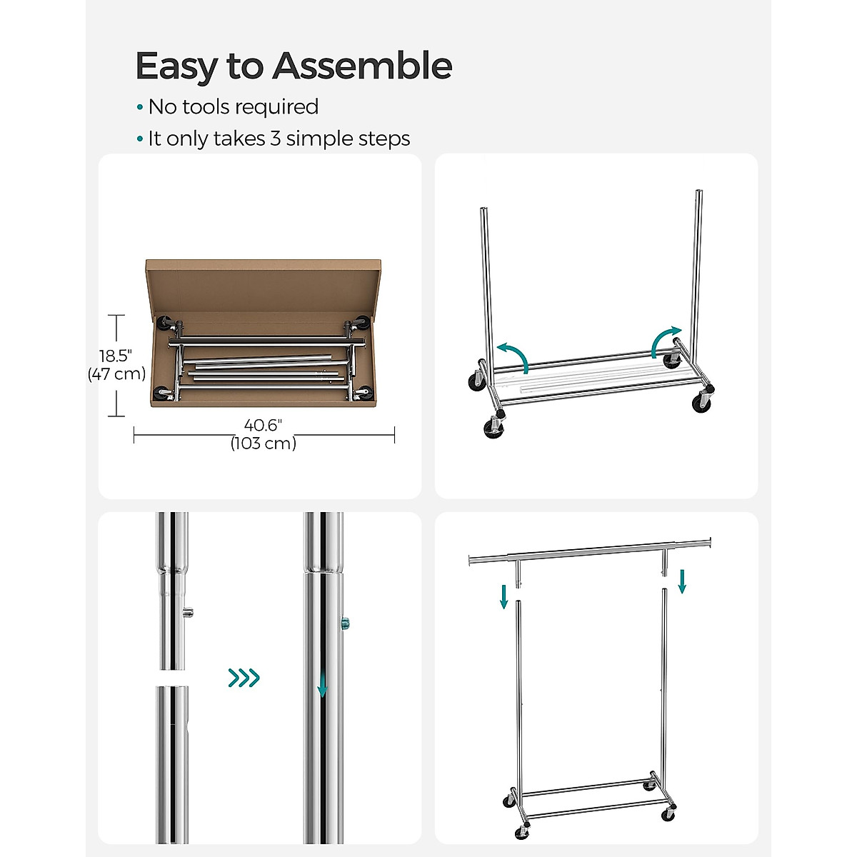 SONGMICS Clothes Rack with Wheels, Heavy-Duty Clothing Rack for Hanging Clothes, Portable Garment Rack, with Extendable Hanging Rail, 220 lb Load Capacity, Silver UHSR13SV1