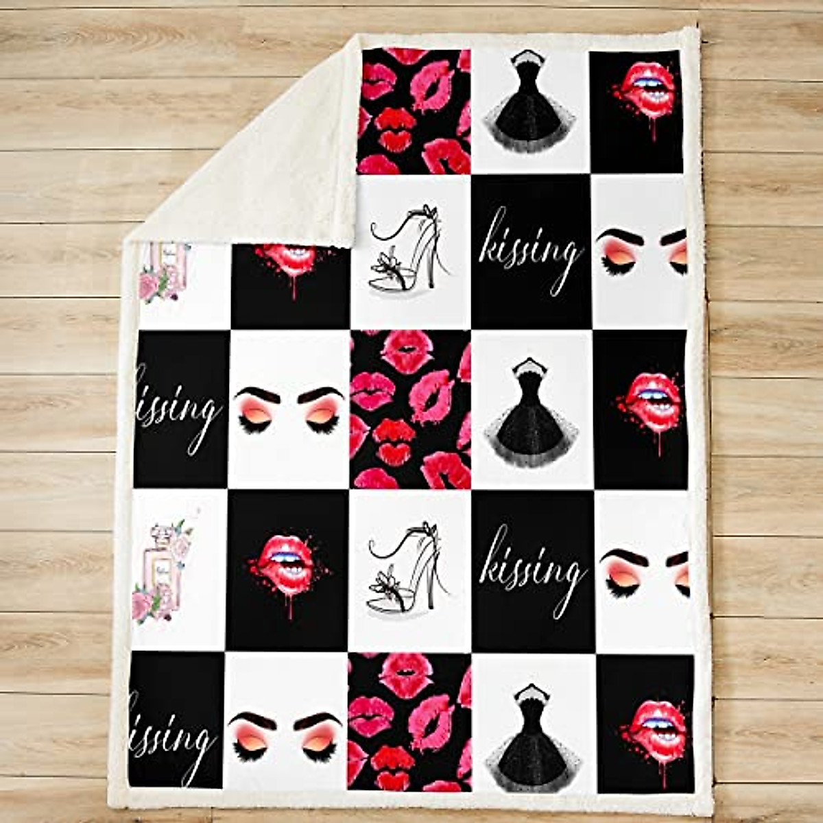 Beauty Girls Throw Blanket Fashion Red Lips and High Heels Bed Blankets Kids Teens Women Living Room Black White Check Fleece Blanket Modern Lady Makeup Sherpa Blanket,for Chair/Sofa,60"×80"
