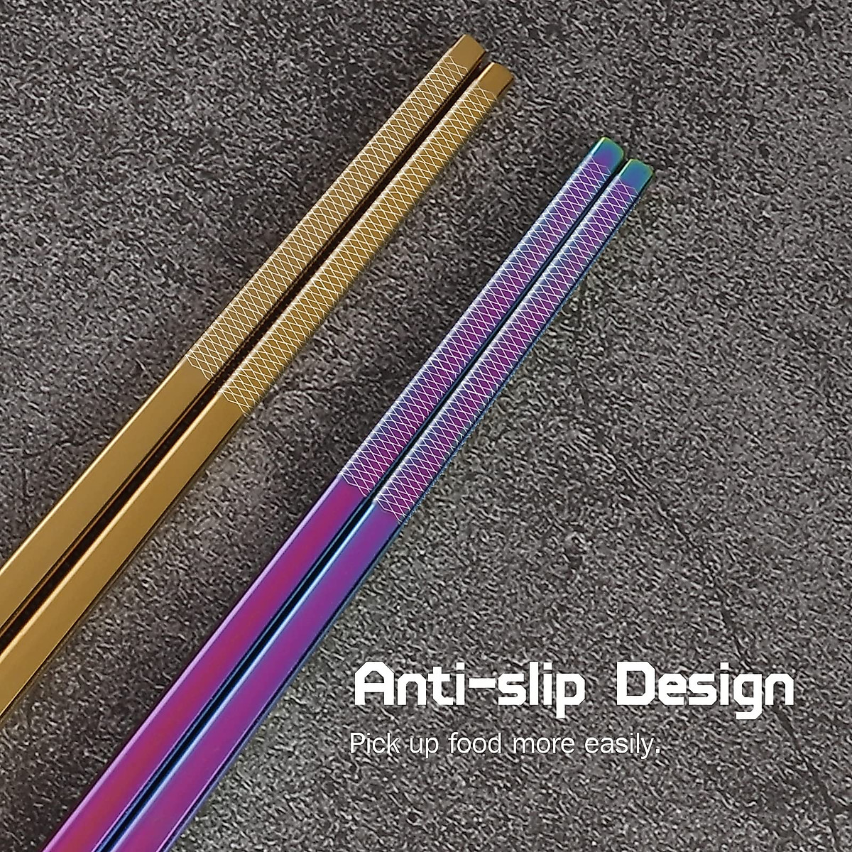 TIICOO Metal Chopsticks Reusable 18/8 Stainless Steel Chopsticks Laser Engraved Premium Titanium Multicolor Chop Sticks Dishwasher Safe Lightweight Japanese Style 5 Pairs Chopsticks Gift Set(Style 2)