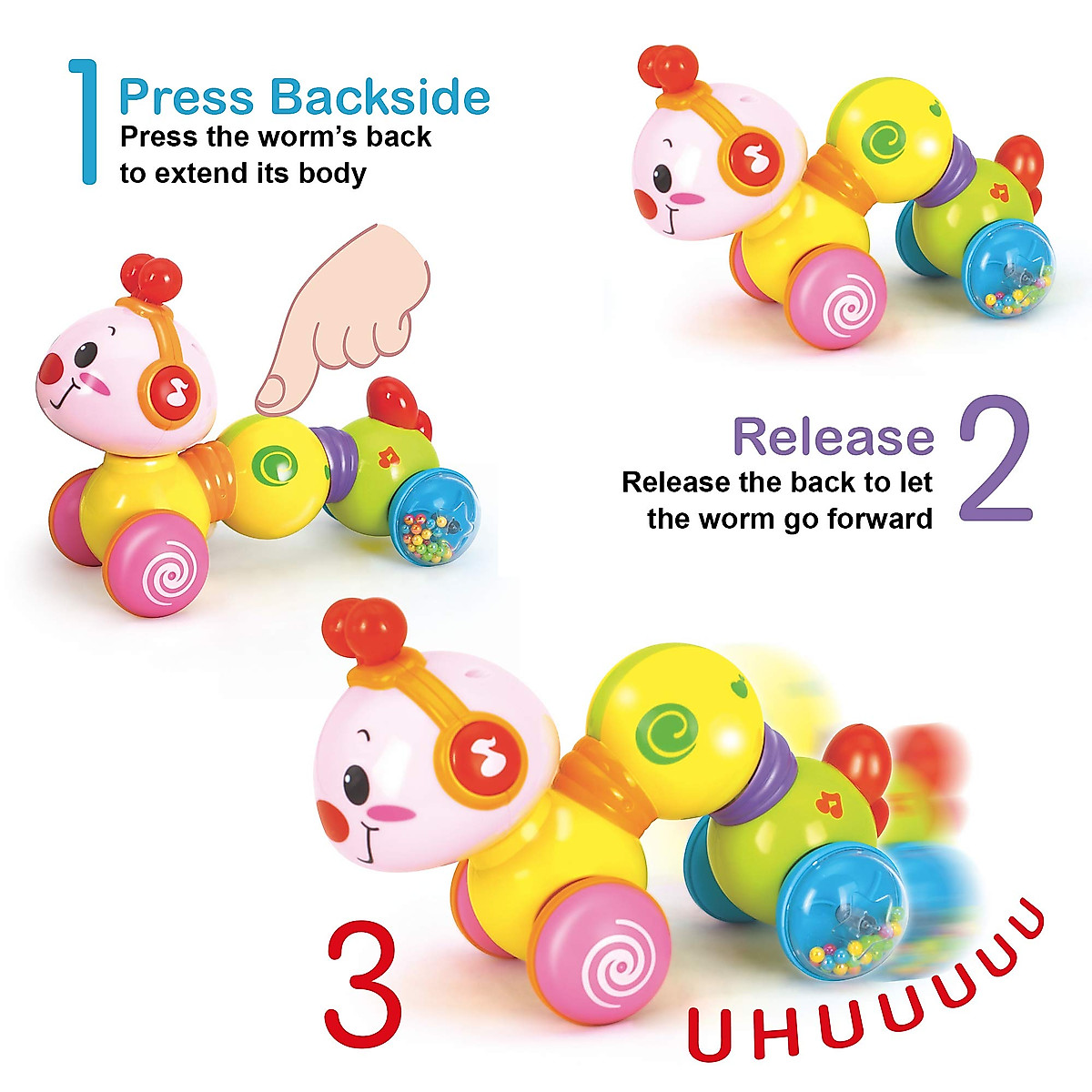 Stone and Clark Musical Press & Go Caterpillar Toy, Baby Toys 6 to 12 Months, Light Up Head Inchworm Infant Toys, Baby Crawling & Educational Toys for 1 Year Old Boys & Girls