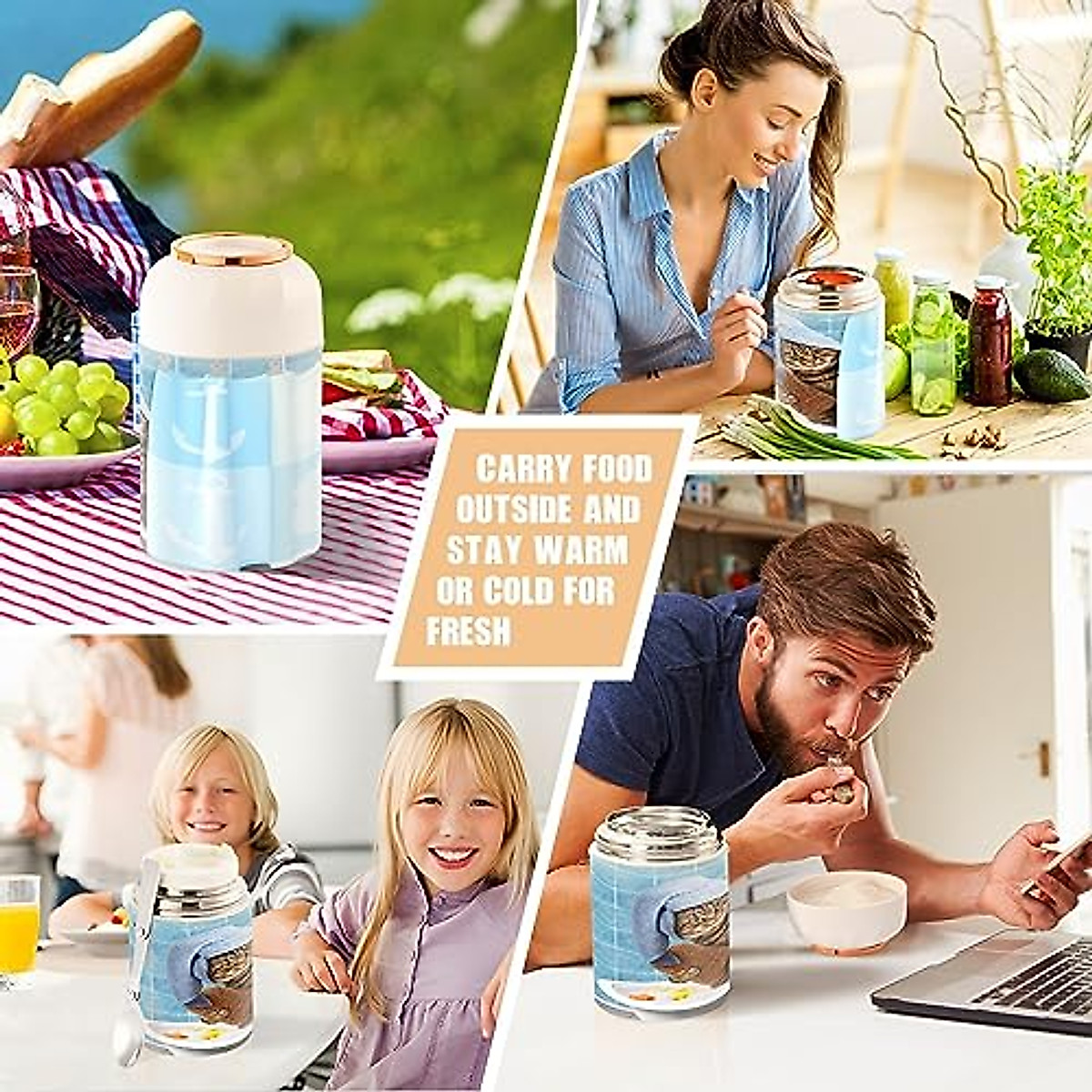 CUPADA Funny Cat Kitten Food Jar, Yellow Rubber Duck Insulated Hot Food Jars Vacuum 17OZ with Folding Spoon for Work Trip Picnic Camping