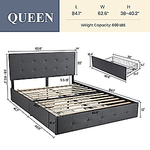Allewie Upholstered Queen Size Platform Bed Frame with 4 Storage Drawers and Headboard, Square Stitched Button Tufted Mattress Foundation with Wooden Slats Support, No Box Spring Needed, Grey