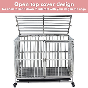 38" Heavy Duty Indestructible Dog Crate Steel Escape Proof Dog Cage Kennel for Small Medium Large Dogs Indoor Double Door High Anxiety Dog Crate with Wheels, Lock& Removable Tray, Silver (38 Inch)