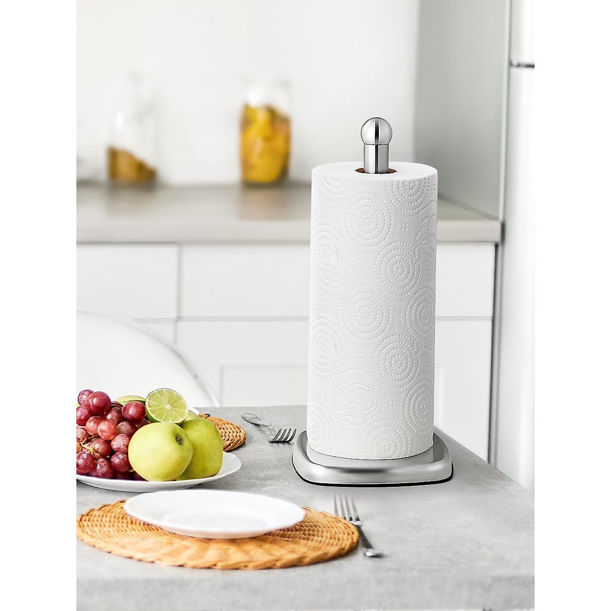SMARTAKE Paper Towel Holder for Countertop, Standing Kitchen Roll Holder with Suction Cups, Non-Slip Paper Towel Stand, Stainless Steel, Weighted Base, for Kitchen Bathroom, Square Base (Silver)