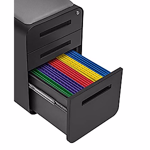 Laura Davidson Furniture STOCKPILE Curve Seated 3-Drawer Mobile File Cabinet with Removable Magnetic Cushion Seat, Commercial-Grade, Pre-Assembled (Black with Dark Grey Cushion)