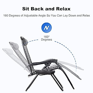 Nazhura Set of 2 Relaxing Recliners Patio Chairs Adjustable Steel Mesh Zero Gravity Lounge Chair Beach Chairs with Pillow and Cup Holder(Grey)