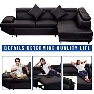 FDW Sofa Sectional futon Sofa Bed Sofa for Living Room Couches and Sleeper Sofa PU Leather Sofa Set Corner Modern Queen 2 Piece Contemporary Upholstered，Black