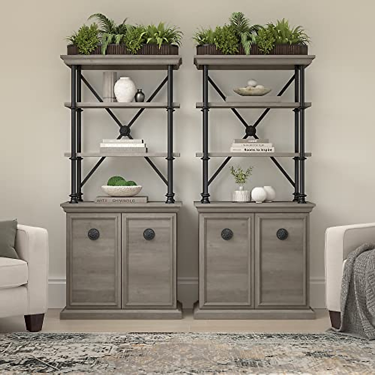 Bush Furniture Coliseum Designer Bookcase with Doors (Set of Two) in Driftwood Gray