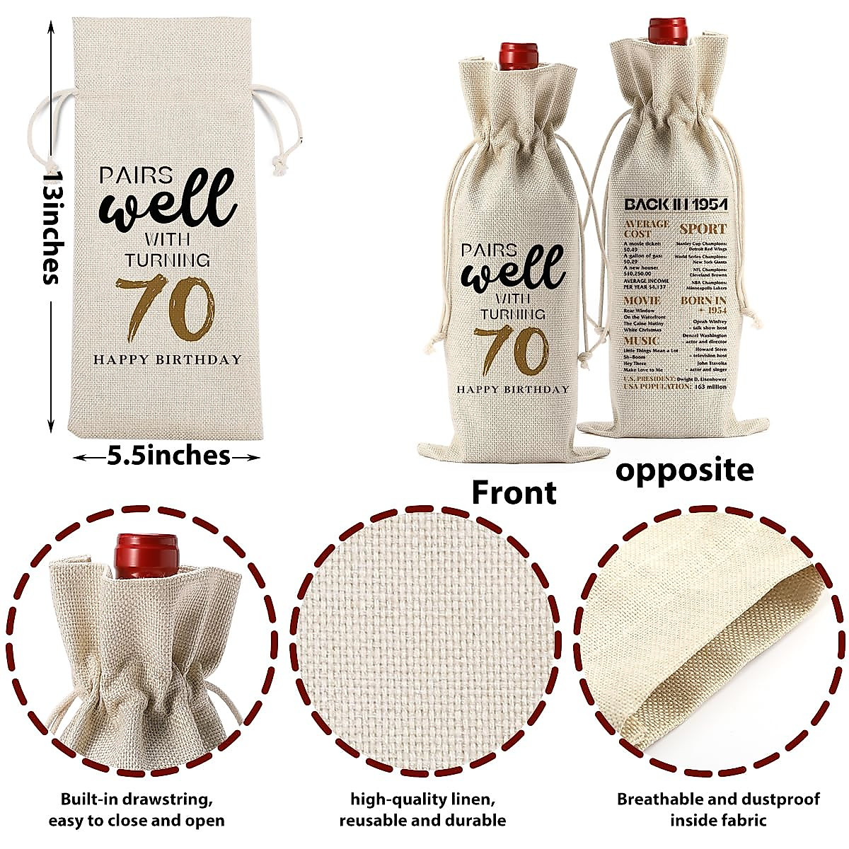 70th Birthday Gifts for Women Men, Gifts for 70 Year Old Woman Grandparents Wine Gift Bag, Wine Accessories Gifts Anniversary, 1964 Birthday Decorations Wine Bag Wine Bags for Wine Bottles Gifts