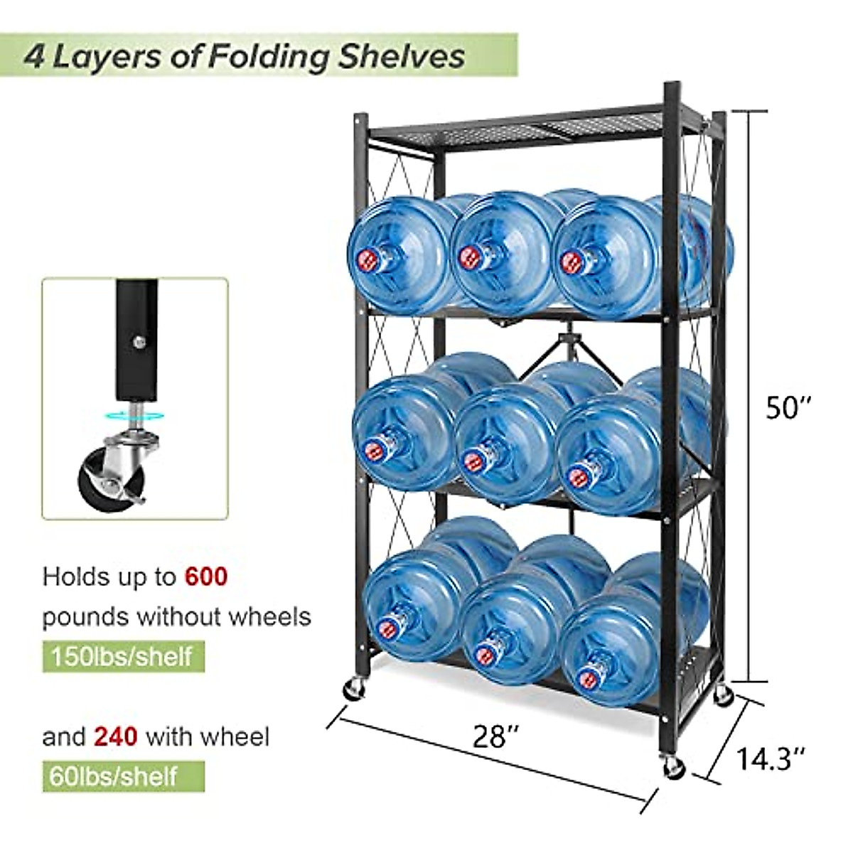 4-Shelf Foldable Storage Shelves with Wheels, Large Capacity Shelving Unit, Freestanding Metal Wire Shelf Rack, No Assembly Organizer Rack for Garage Kitchen, Basement, Pantry, Heavy Duty