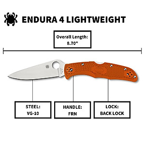 Spyderco Endura 4 Lightweight Signature Knife with 3.80" VG-10 Steel Blade and Orange FRN Handle - PlainEdge - C10FPOR