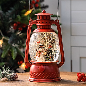 TIJNN Christmas Snow Globe Lantern 9", Battery Operated Lighted Swirling Glitter Lantern with Timer for Christmas Home Decoration, Snowman (red
