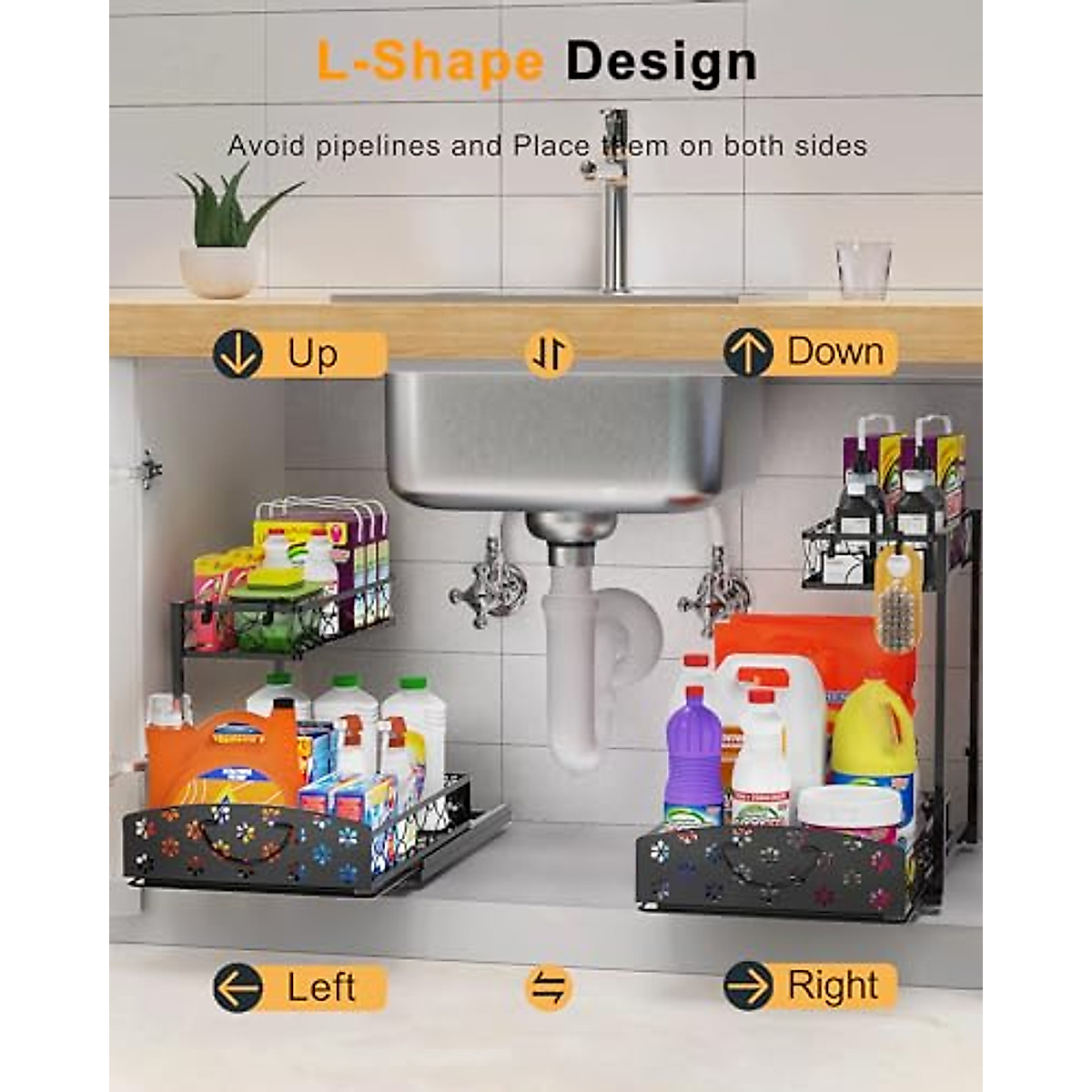 MHHA Under Sink Organizer,Adjustable Height Metal Under Kitchen Cabinet Organizer,2-Tier Sliding Shelf Storage,Multi-Use for Under Kitchen Bathroom Sink Organizers and Storage，Black