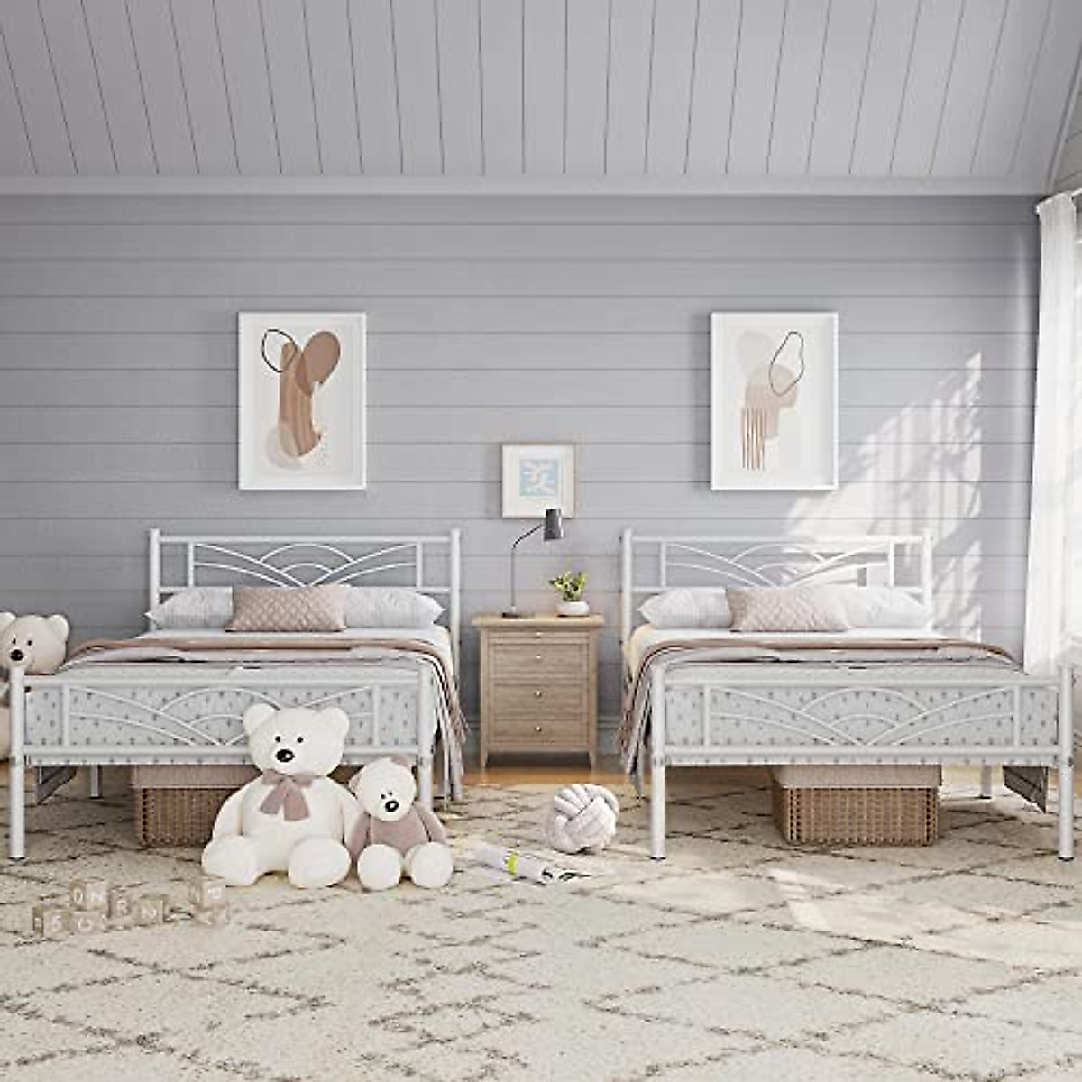 Yaheetech Twin Size Bed Frame Metal Platform Bed Mattress Foundation with Cloud-Inspired Design Headboard/Footboard/Ample Under Bed Storage/No Box Spring Needed/Twin Size White