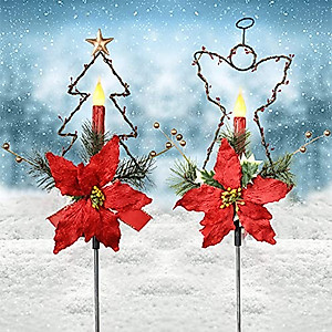 Artiflr 2 Pack Outdoor Christmas Solar Stake Lights, LED Solar Powered Candle Angel Christmas Tree Ligth with Artificial Poinsettia Gold Berry and Pine Needles Decorative Lawn Yard Garden Stake