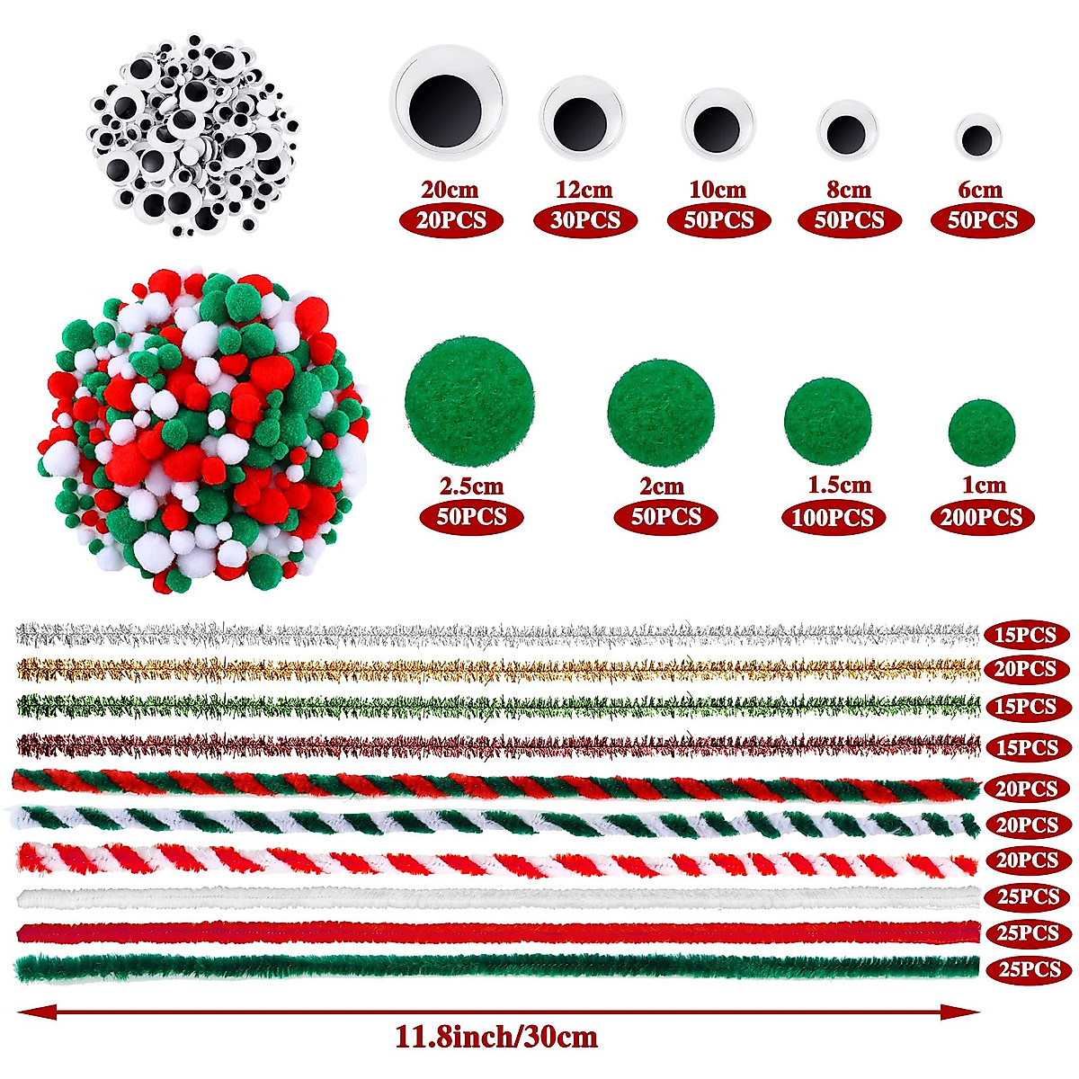 800 Pcs Christmas Pipe Cleaners Sets Include 200 Pcs 10 Colors Chenille Stems 200 Pcs 5 Sizes Self Adhesive Wiggle Googly Eyes 400 Pcs 4 Sizes Art and Crafts Pompoms for DIY Making (Fresh Color)