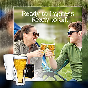 Dragon Glassware Beer Glasses - 13.5 oz Clear Double Wall Insulated Beer Glass Set of 2 - Upside Down Design - Holds One Full Bottle - Freezer Safe