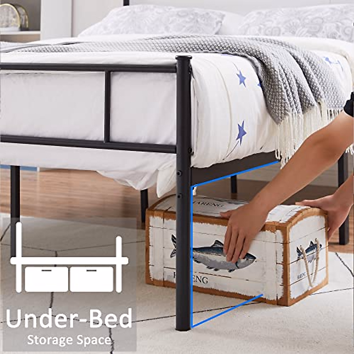 VECELO Queen Size Metal Bed Frame with Headboard and Footboard, 12'' Under-Bed Storage & Strong Slats Support, No Box Spring Needed