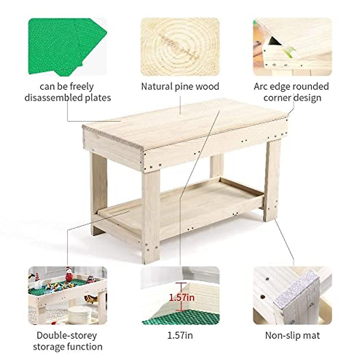 YouHi Kids Activity Table with Board and Storage for Bricks Activity Play Table (Wood Color)