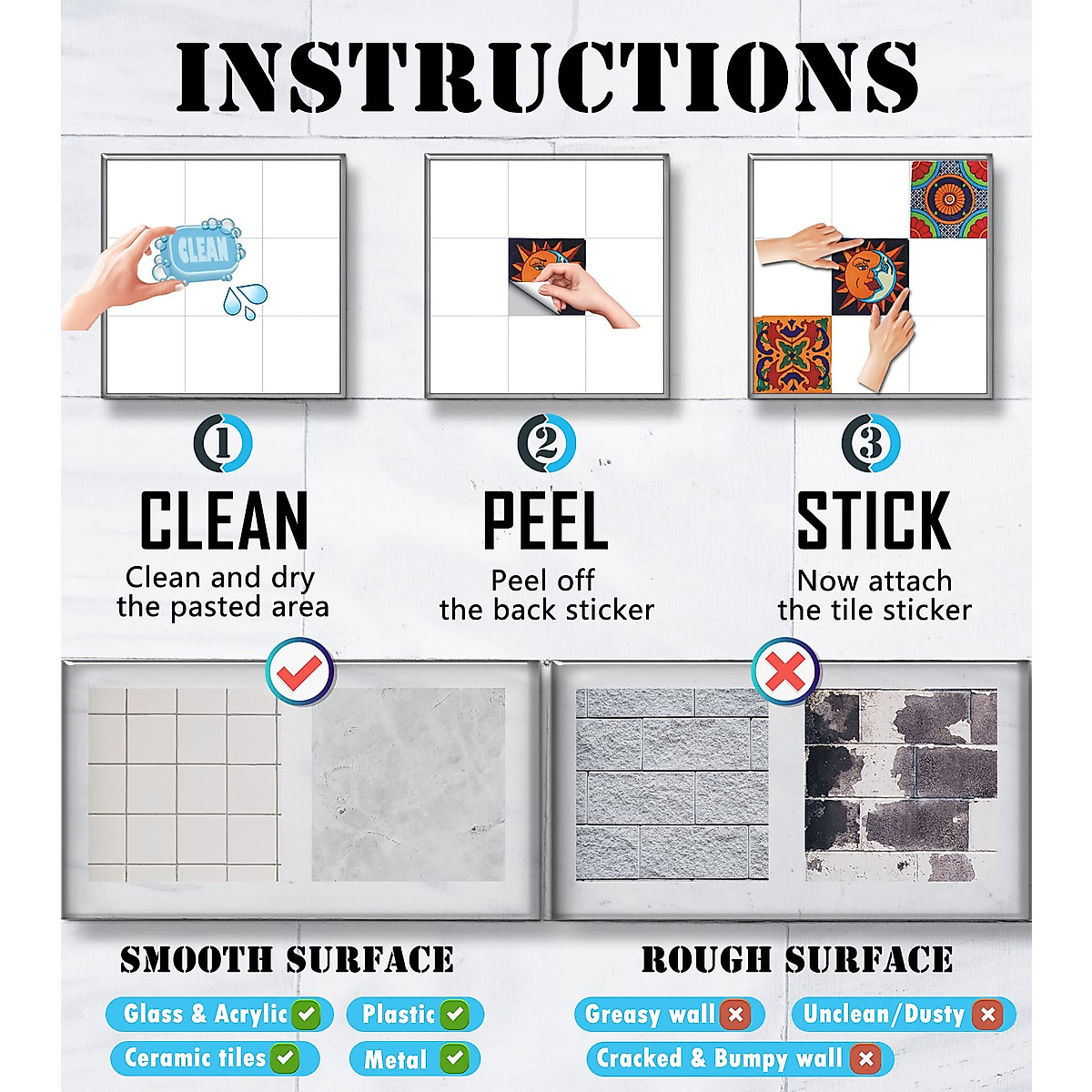 Cendray 24Pcs Tile Stickers Wall Decor Bathroom Kitchen Wall Sticker Waterproof PVC Decoration Stickers - 2D Sticker with Retro Design in Mosaic Style (4 x 4 Inch)