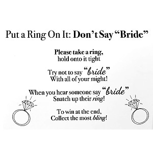 Put a Ring On It Bridal Shower Game with rings - Bridal shower ring game with Don't Say Bride Game Rules and 36 Plastic Diamond Rings for guests