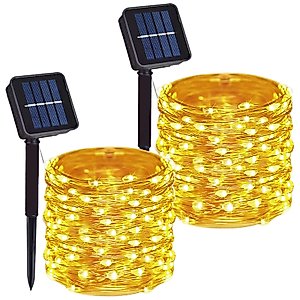 DAYLIGHTIR 2 Pack 100 LED Solar Powered Copper Wire String Lights Outdoor, Waterproof, 8 Modes Fairy Lights for Garden, Patio, Party, Yard, Christmas (Warm White)