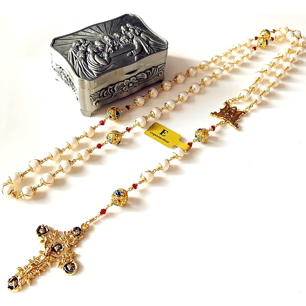 elegantmedical HANDMADE Gold Wire Wrapped Bead AAA White 9mm Real Pearl & Enamel Bead Rosary Cross NECKLACE BOX