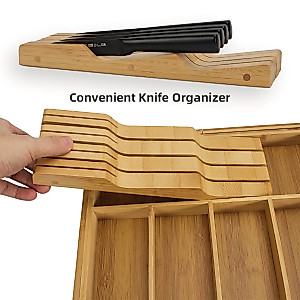 TAOUNOA Bamboo Drawer Organizer - Expandable Utensil Organizer Adjustable Silverware Organizer for Kitchen Drawers, Cutlery Organizer with Removable Knife Block