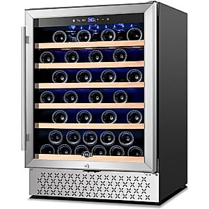 Tylza 24 Inch Wine Cooler Refrigerator 51 Bottle Built-in or Freestanding 24'' Fridge with Stainless Steel & Double Layer Tempered Glass Door and Temperature Memory Function