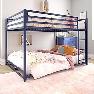 DHP Miles Low Metal Bunk Bed Frame for Kids, With Built-in Ladder, High Guardrail and Metal Slats, Floor Bed Bottom Bunk, No Boxspring Required, For Small Spaces, Full-Over-Full, Blue