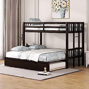 Extendable Bunk Bed with Trundle, Twin Over Double Twin Bunk Bed Frame, Upgraded Version Wooden Bunk Bed with Trundle, Pull-Out Bunk Bed Frame Can Be Extendable, No Spring Box Needed, Espresso