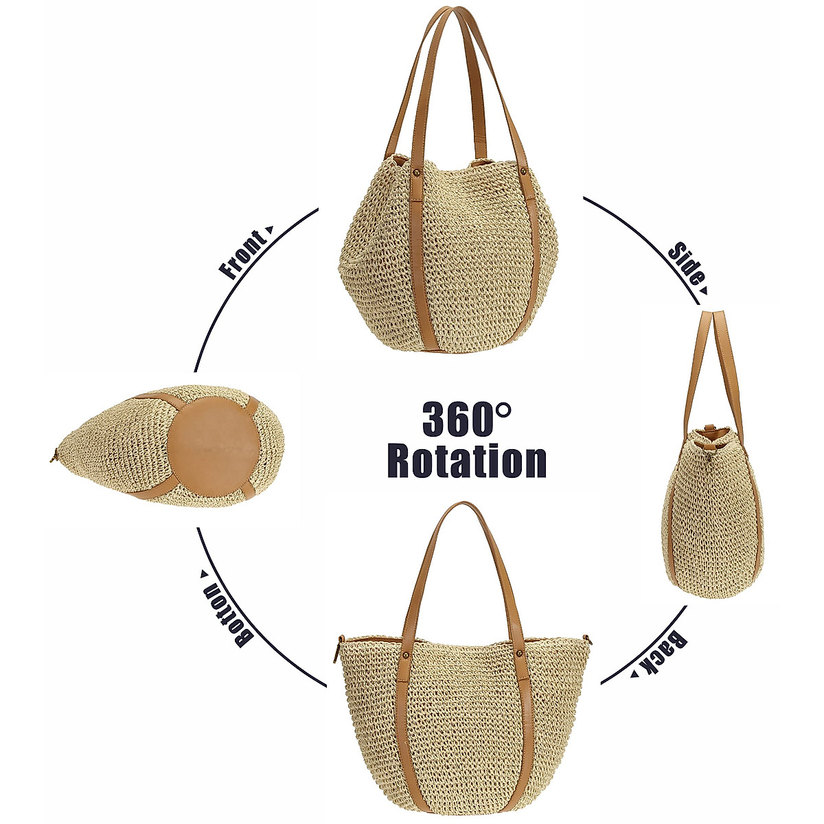 IN.RHAN Women's Handbag Large Straw Handmade Rattan Multi-functionWeave Shoulder Bag Beige