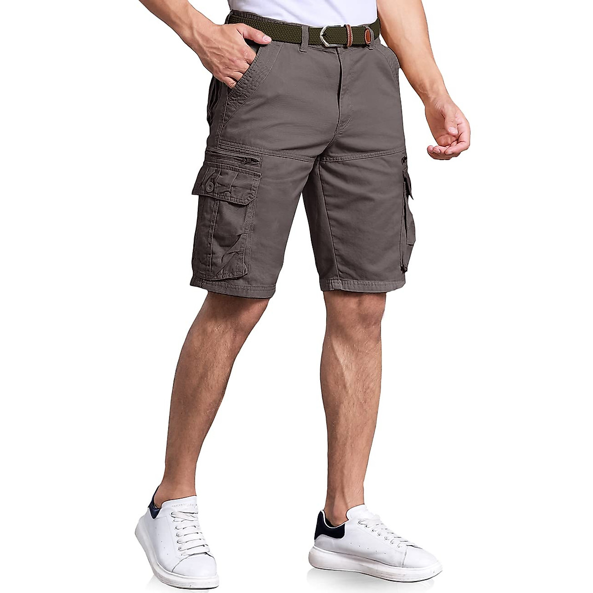 Mens Cargo Shorts Casual Work Shorts Multi Pockets Relaxed Fit with No Belt Cotton Grey Green 34