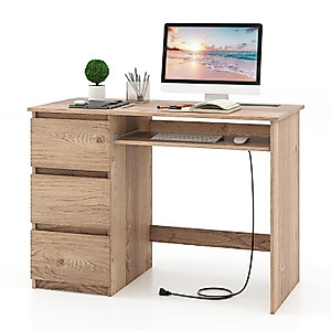 Tangkula Computer Desk with 3 Storage Drawers & Built-in Charging Station, Home Office Desk with Keyboard Tray, PC Desk Study Writing Desk, Vanity Table for Bedroom, Computer Workstation (Natural)