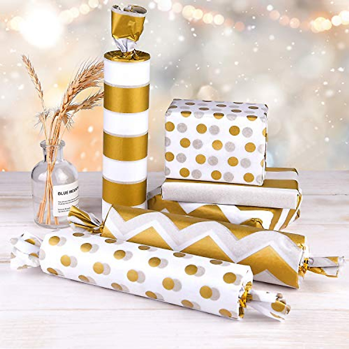 MIAHART 100 Pcs Gold White Tissue Paper Bulk 3 Style Decorative Metallic Wrapping Paper for Gift Bags Birthday Christmas Party Decoration, DIY Arts Crafts Gold Dot Wave Design Patterned(100 Sheet)