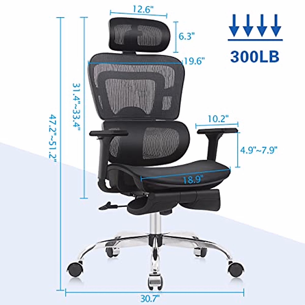 Ergonomic Office Chair with Foot Rest,Home Desk Chair Breathable Mesh, Lumbar Support Computer Chair with Flip-up Arms, Swivel Task Chair, Adjustable Height Gaming Chair Black