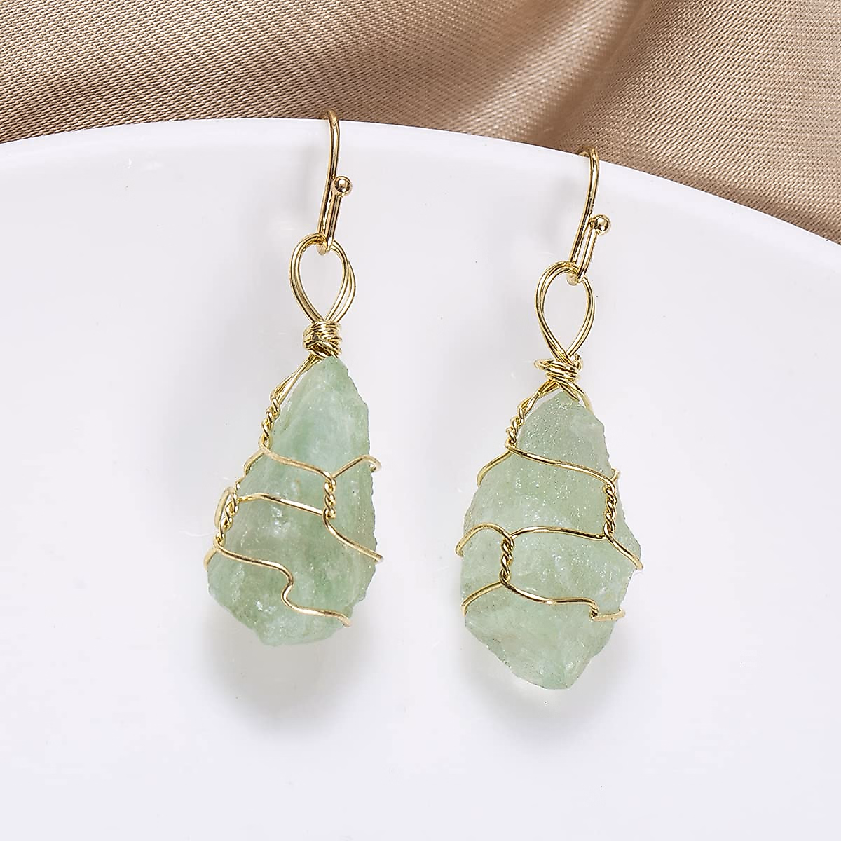 Green Fluorite Earrings, Raw Green Fluorite Earrings, Dangle Earrings, Delicate Stone Charm Gold Plated Drop Earrings, Wire wrapped crystal, Gemstone earrings
