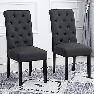 Pair Dining Room Chairs Kitchen Chairs Set of 2 Grey Comfortable Linen Fabric Upholstered Black Wood Legs Side Chairs Studded Nailhead and Button for Living Room Restaurant Lounge (2, Charcoal Grey)