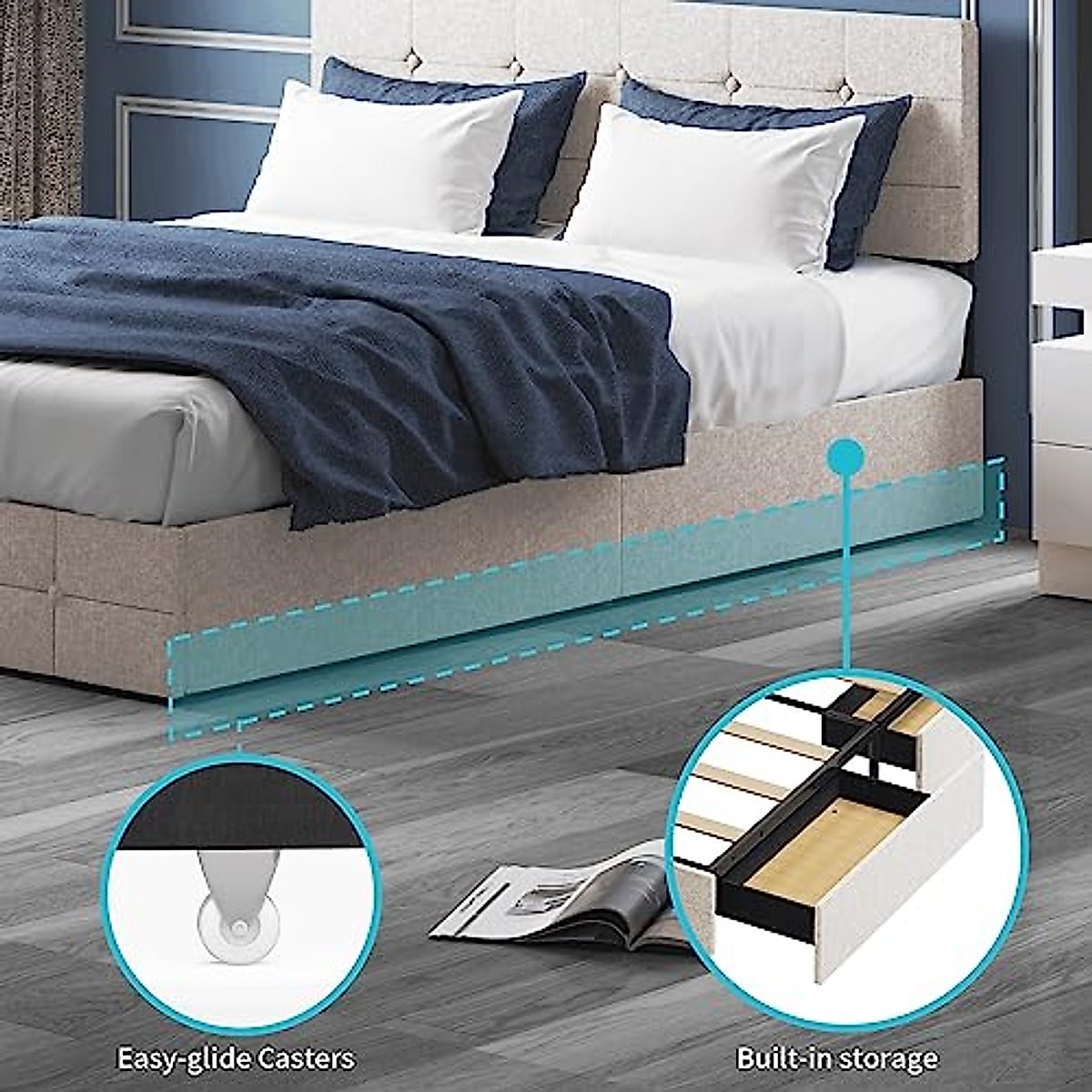 CECER California King Size Bed Frame with 4 Storage Drawers, Linen Platform Bed Frame with Upholstered and Button Tufted Headboard, No Box Spring Needed Bed Frame with Adjutable Headboard-Beige