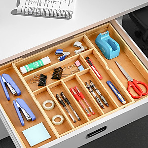 Bamboo Expandable Drawer Organizer, NEDNEYy Cutlery and Utensil Tray, Desk Drawer Organizer Silverware Holder Kitchen Knives Tray Drawer Organizer, 100% Pure Bamboo Cutlery in Natural Color…
