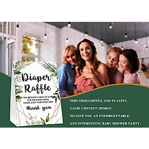 Diaper Raffle Baby Shower Game Set(1 Standing Sign + 50 Guessing Cards), Greenery Diaper Raffle Tickets for Baby Shower, Gold Foil Baby Shower Party Favor Decor - A14