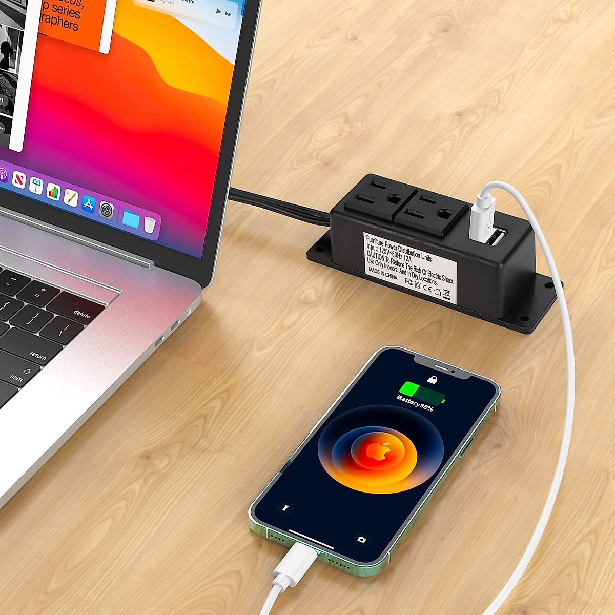 Power Strip with USB, BTU Desktop Power Outlet with 2 AC Outlets, 2 USB Ports, 6.56ft Extension Cord, Mountable Under Desk, Workbench, Nightstand, Dresser, Table, Black