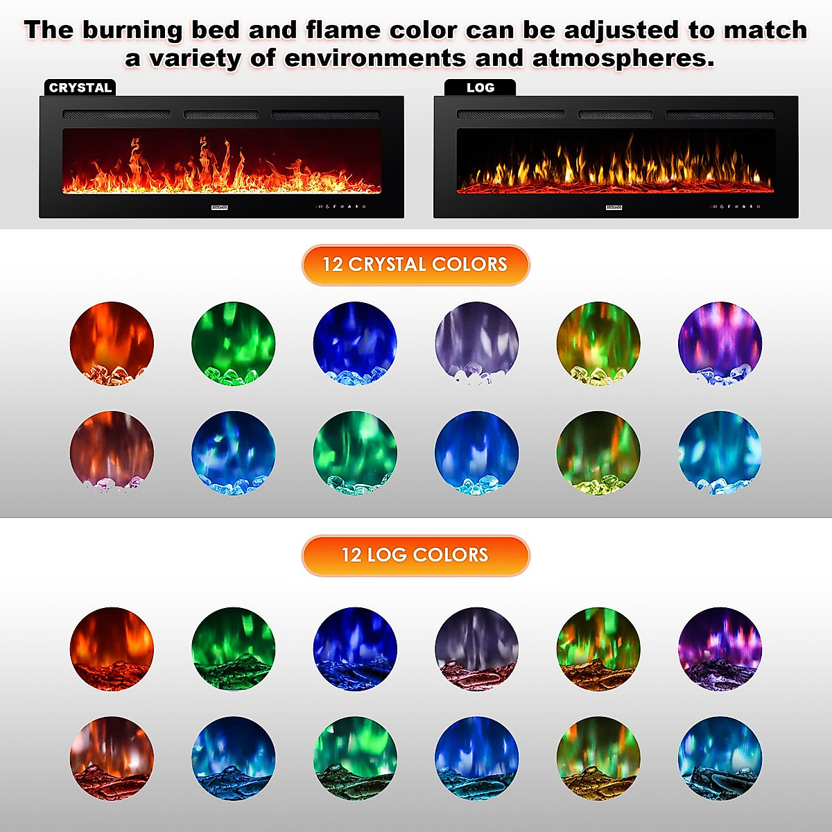 ROCSUMOO 50" Recessed and Wall Mounted Electric Fireplace, Low Noise, Remote Control with Timer,Touch Screen,Adjustable Flame Color and Speed, 750-1500W