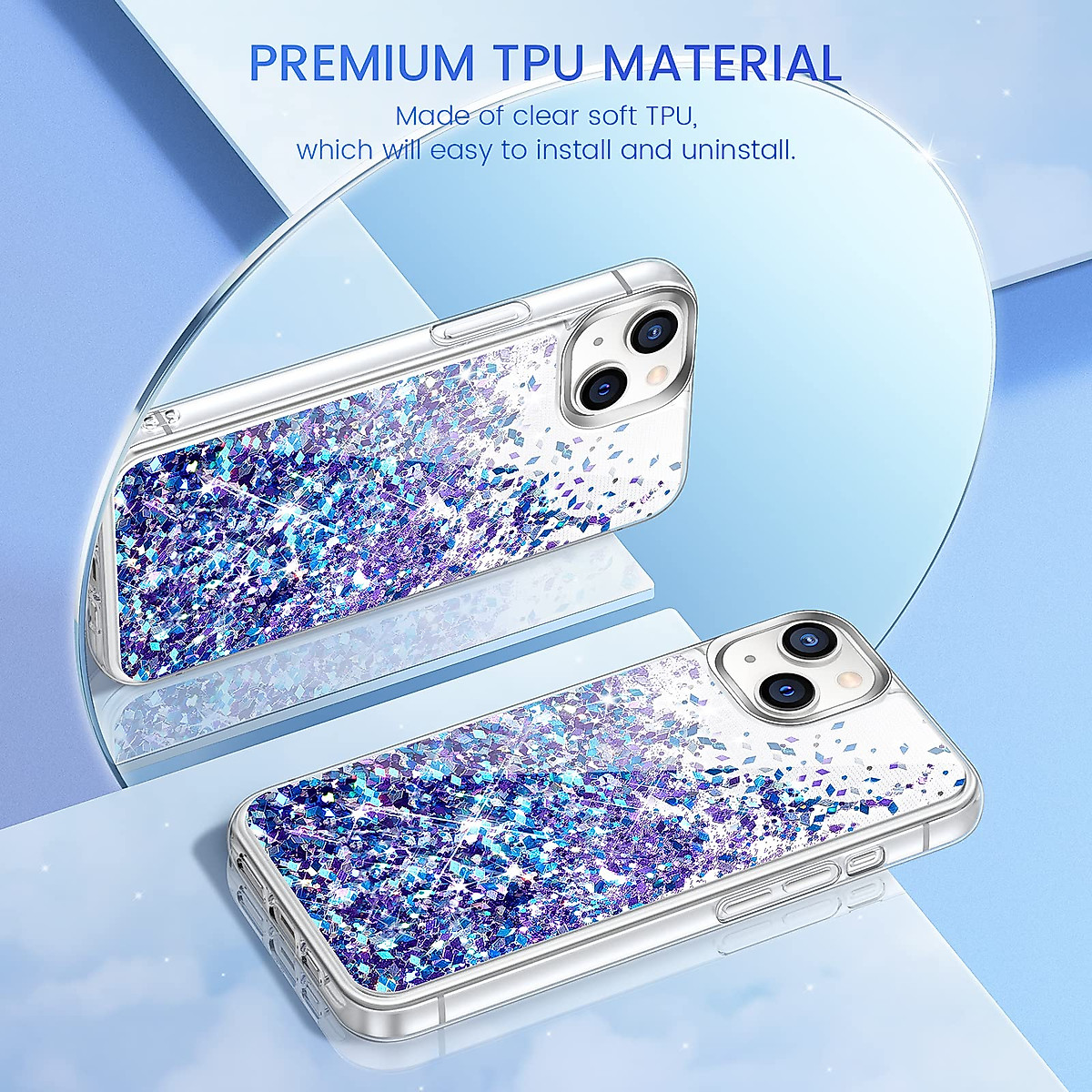 Caka Case Compatible for iPhone 13 Mini Glitter Phone Case Girly Women Bling Sparkle Flowing Floating Quicksand Waterfall Clear Soft TPU Case Cover for iPhone 13 Mini (5.4 inches) (Blue Purple)