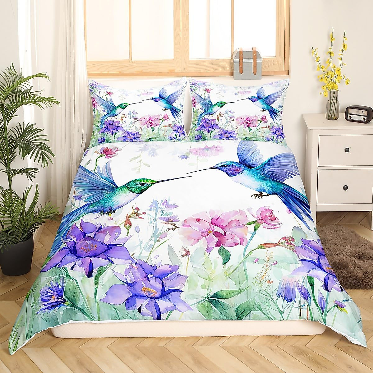 Hummingbird Girls Comforter Cover Butterfly Flower Birds Bedding Sets Wild Animals Duvet Cover Set Floral Plants Fresh Nature Bedspreads Cover 2 Pieces For Women Bedroom Decor Twin Size Green