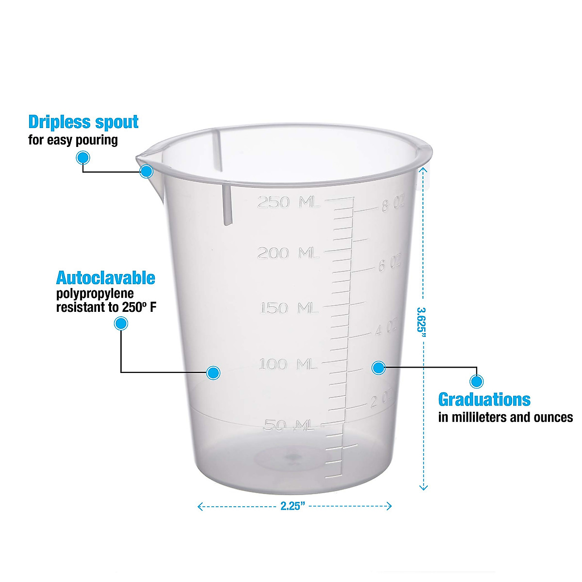 Consolidated Plastics 45383 Disposable Beaker, Polypropylene, 250 mL, 50 Piece