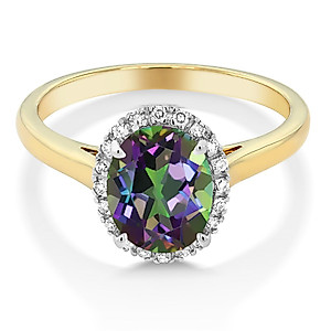 Gem Stone King 10K 2-Tone Gold Oval Green Mystic Topaz and Diamond Halo Engagement Ring For Women (2.44 Cttw, Gemstone Birthstone) (Size 7)