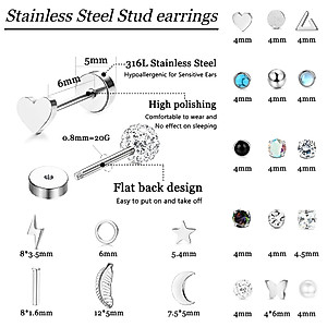 SAILIMUE 21Pairs Stainless Steel Stud Earrings Set for Women Men 20G Tiny Cartilage Stud Earrings Star Moon Triangle Heart Leaf Opal Stud Earrings Hypoallergenic Flat back Earrings Piercing Jewelry