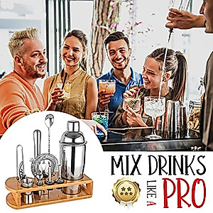 Cocktail Shaker Set Bartender Kit : 12-Piece Bar Tool Set with Bamboo Stand | Bar Set with All Practical Bar Accessories, for Drink Mixing, Bar, Home, Lounge & Party (Silver)