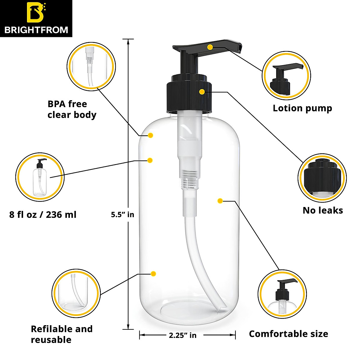 BRIGHTFROM Empty Lotion Pump Bottles 8 Oz, Refillable Plastic Containers, BPA-Free PETE1, Clear, Great for - Soap, Shampoo, Lotions, Liquid Body Soap, Creams and Massage Oil's (Pack of 2, Black)
